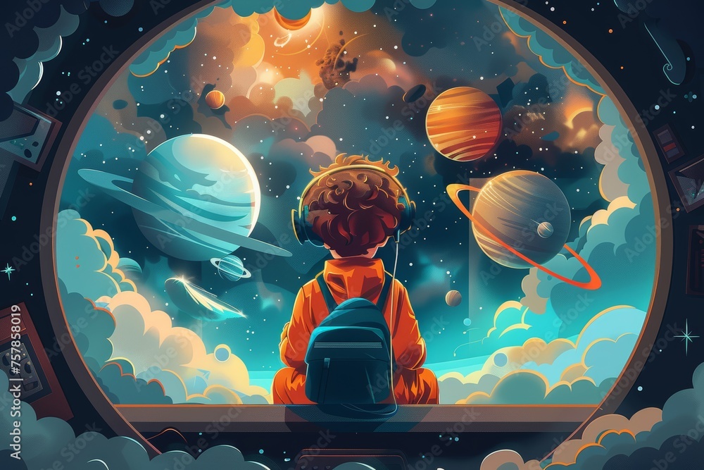 Adorable little boy with red hair and wearing headphones sitting inside ...