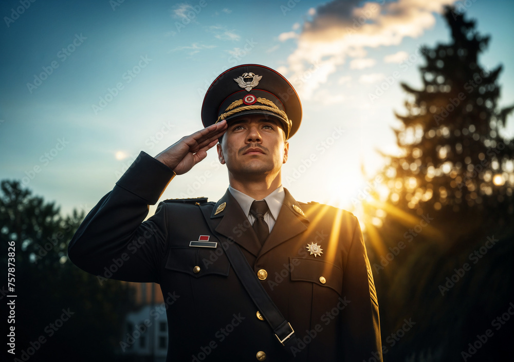 American male soldier in military uniform saluting at Memorial Day ...