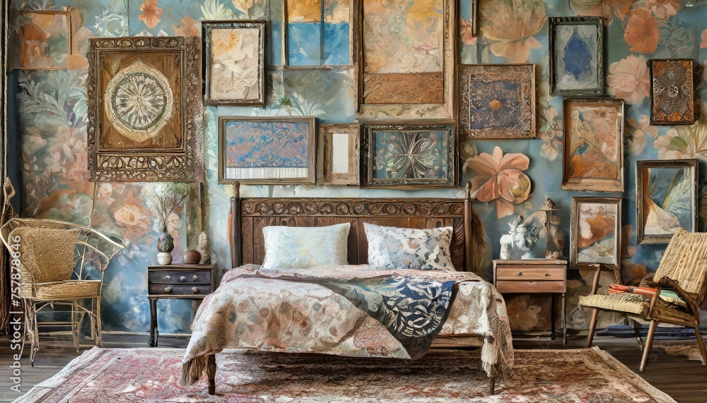 an eclectic wall collage featuring a mix of handcrafted wooden and hand ...