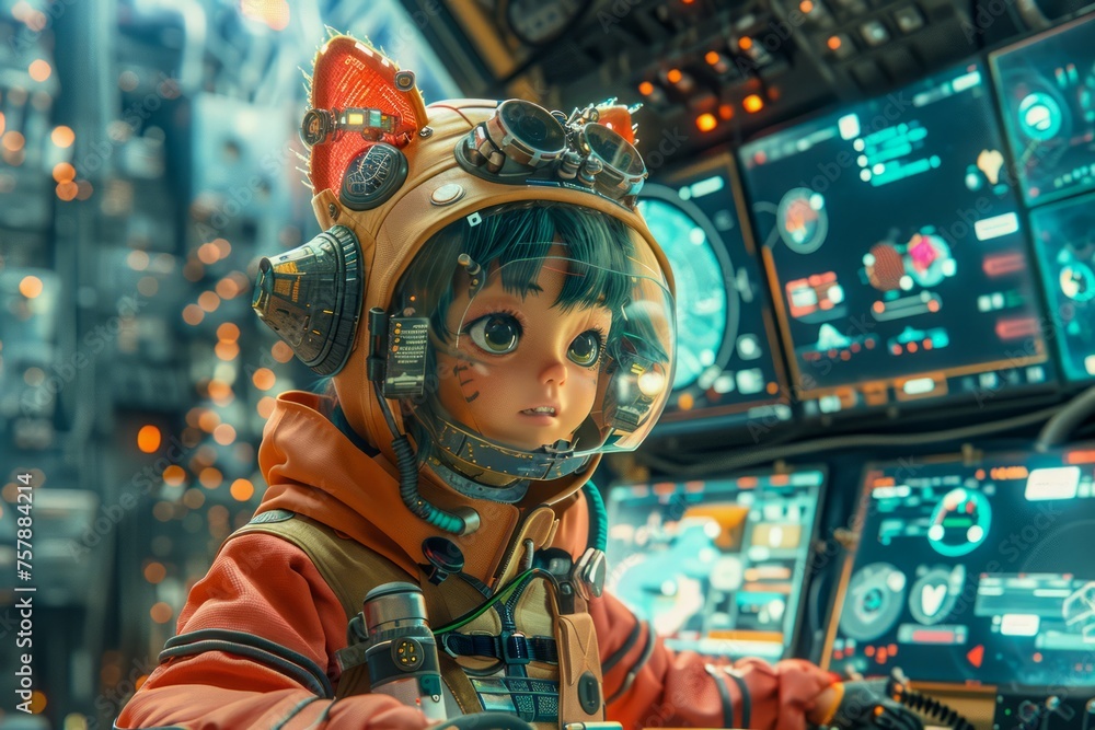 Futuristic Child in Astronaut Suit with High-Tech Spaceship Cockpit ...