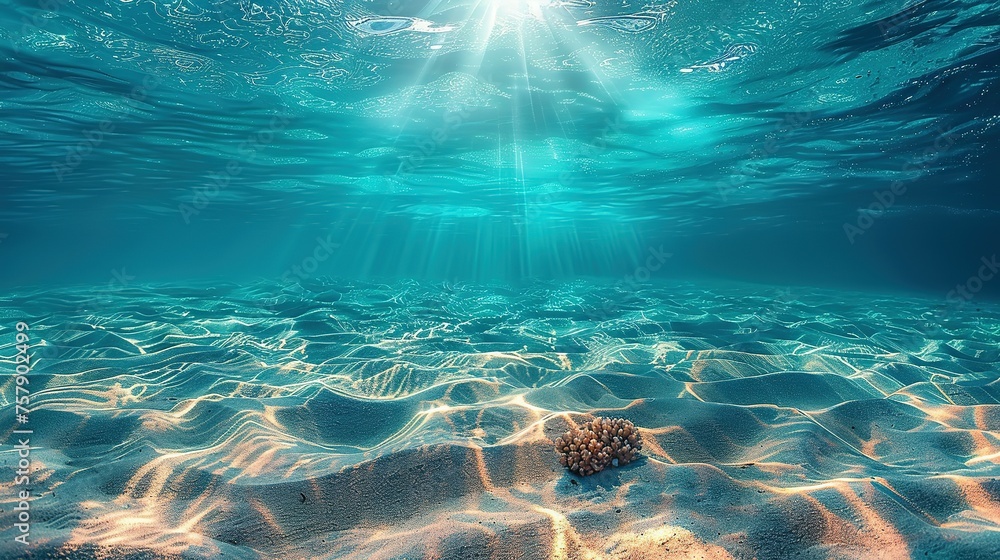 Seabed sand with blue tropical ocean above, empty underwater background ...