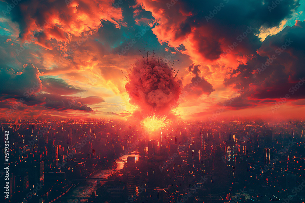 Cloud rising above a city skyline, capturing the harrowing aftermath of ...