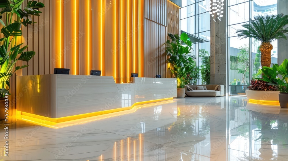 nterior of luxury hotel lobby zone with reception desk and relax zone ...