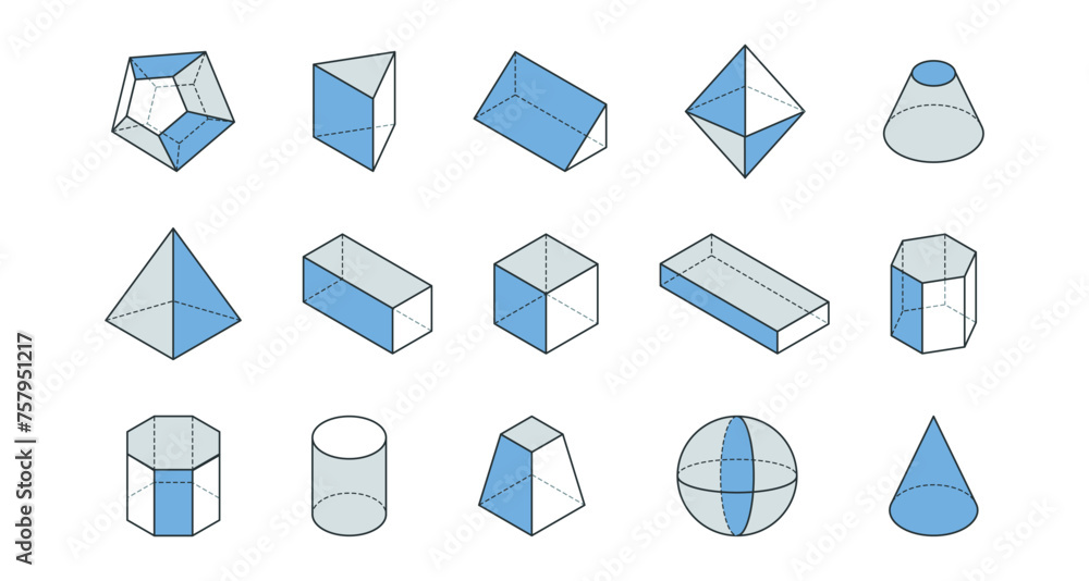 Geometric shapes line icons set in blue and gray. Basic stereometry ...
