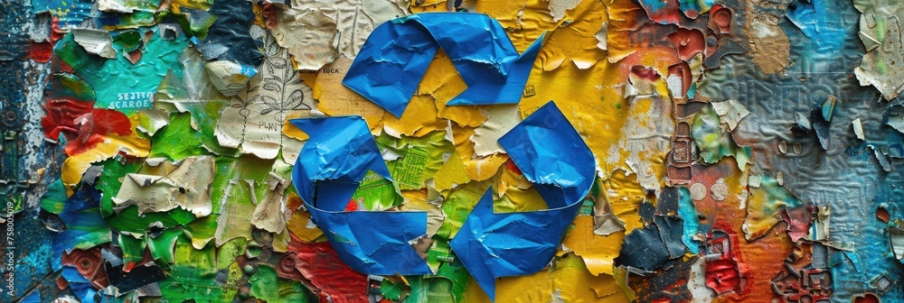 blue recycling symbol on recycled plastic banner Stock Photo | Adobe Stock