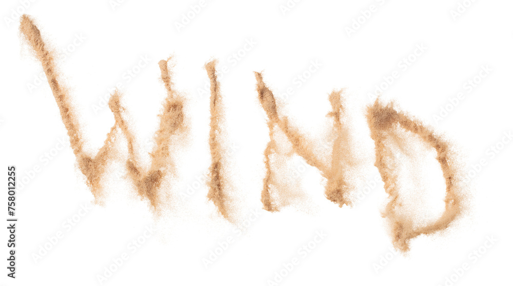 WIND Text Word of Sand letter. Calligraphy of Sand flying explosion ...