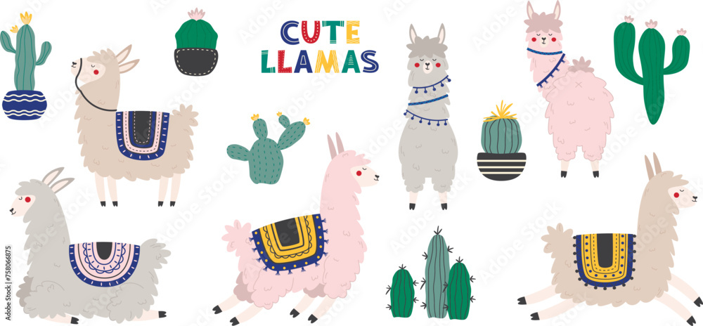 Cute llamas and cacti vector set. Colorful elements for children's ...