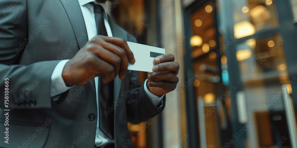Young 35s businessman in elegant formal suit using pass card to open ...