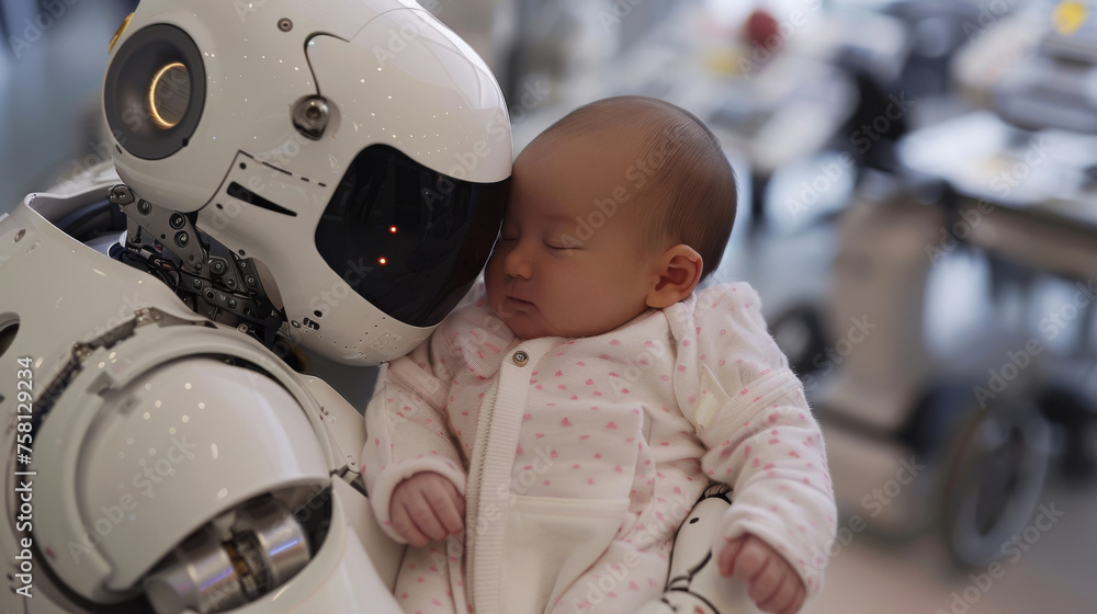 Technology's gentle An AI robot holding a baby, showcasing a future ...