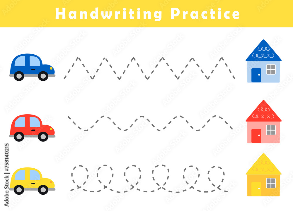 Handwriting practice sheet with cute car and house illustration . Basic ...