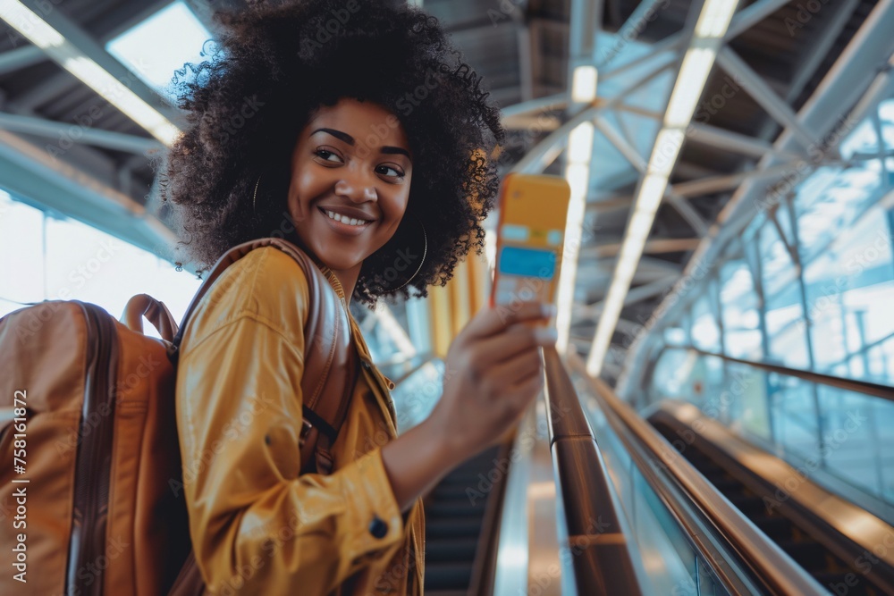 Stock-Foto „Young black woman with an excited grin, scanning her ...