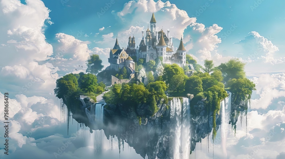 Fantasy fairy tale castle on floating island in sky, surrounded by waterfalls and lush gardens ...