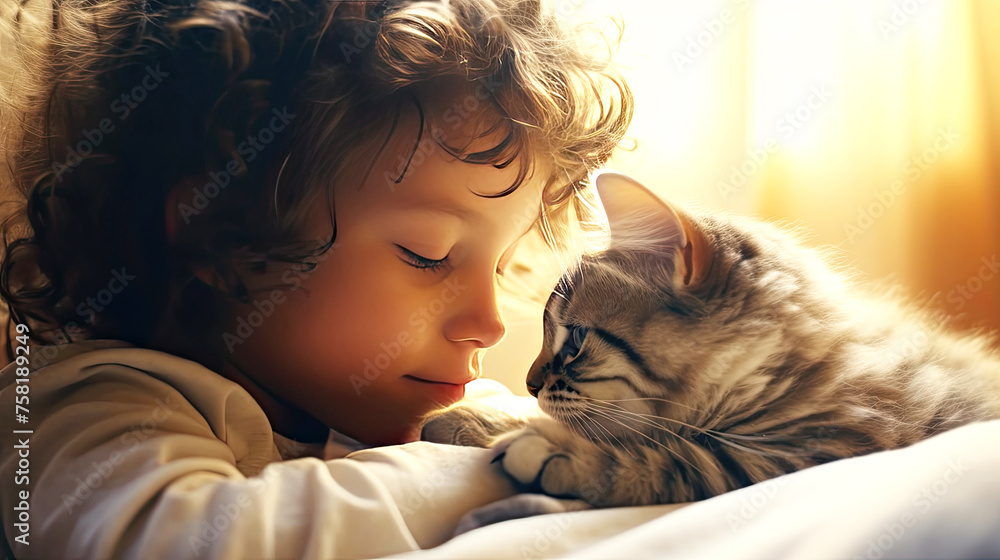Boy watching a kitten close-up portrait. Friendship and tender feelings ...