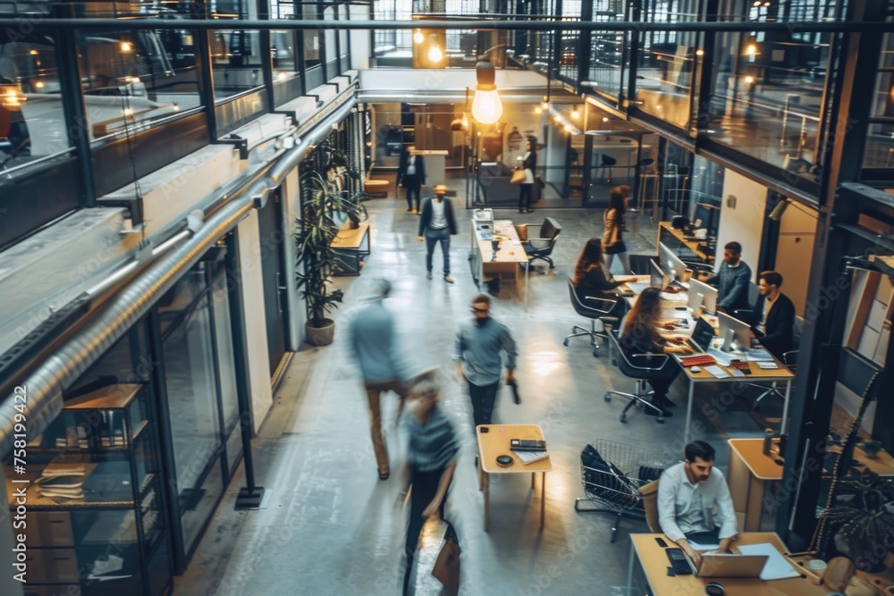 a wider scene of a busy, open-plan office space. Multiple individuals ...