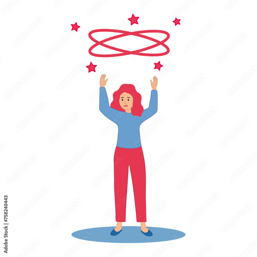 Woman dizziness. Woman drunk headache hangover, faint sick disorganized ...