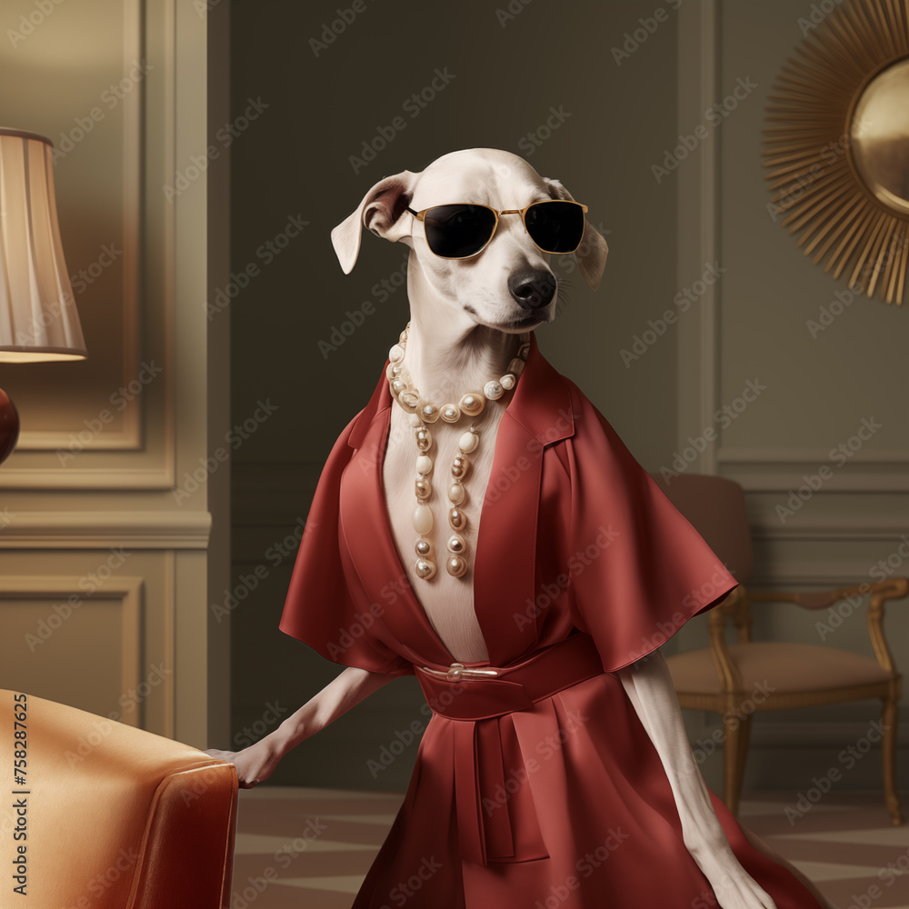 Beautiful cute princess dog in long light dress walks through corridors ...