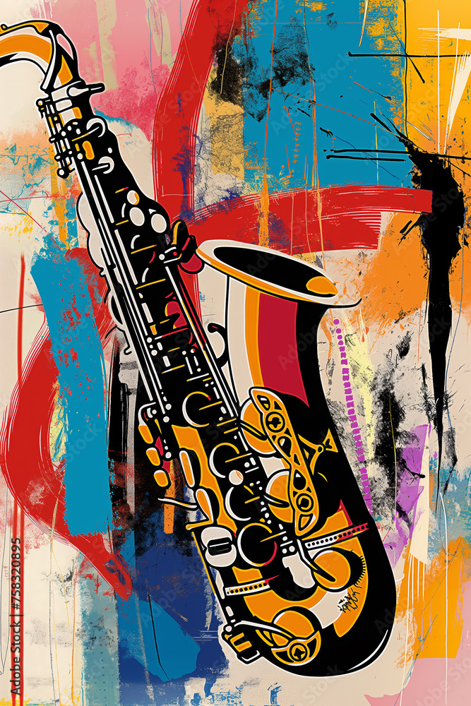 an Abstract Saxophone with bold coloring in a 3/4, side view in a ...