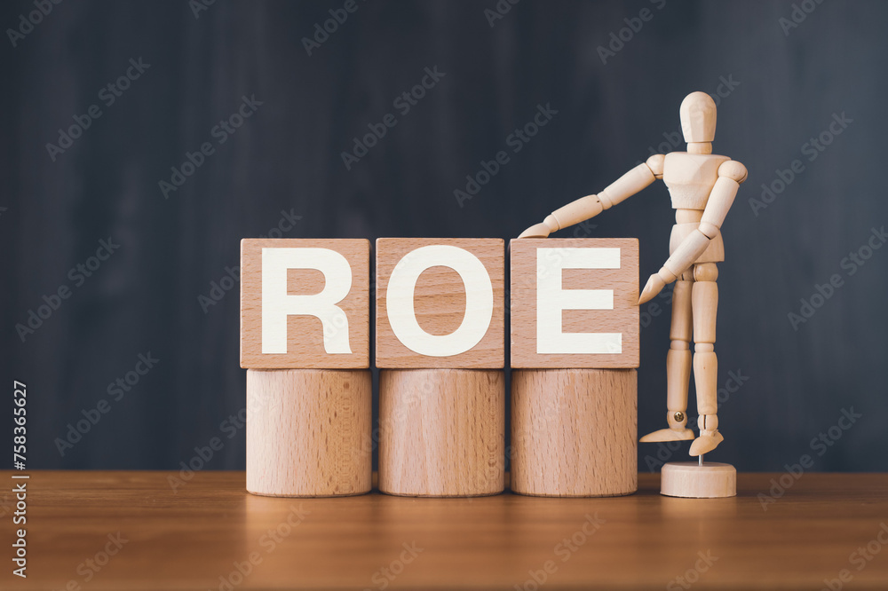 There is wood cube with the word ROE. It is an abbreviation for Return ...