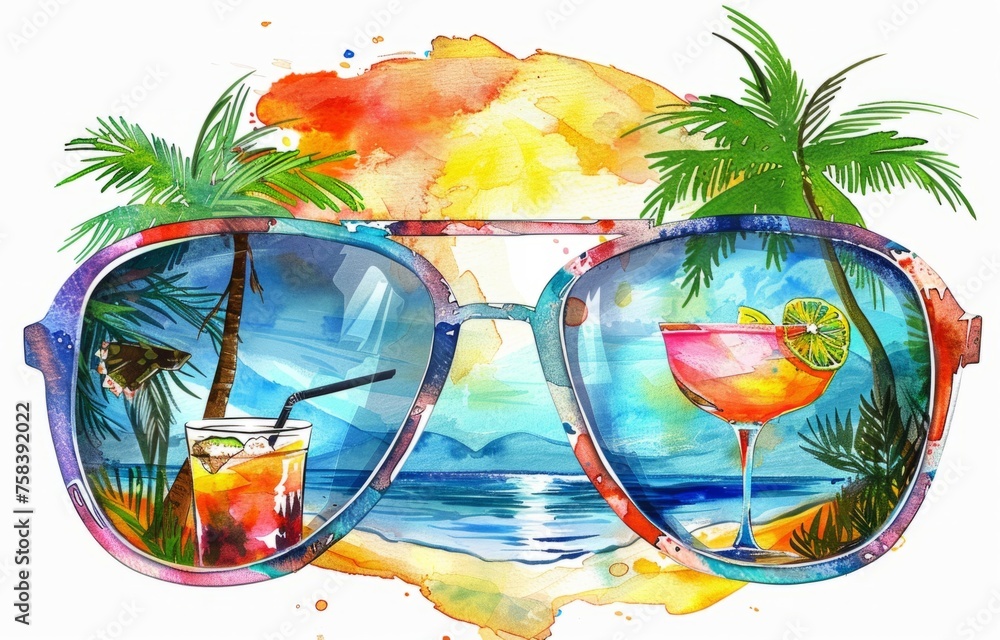 watercolor, clipart, white background, summer themed sunglasses with ...