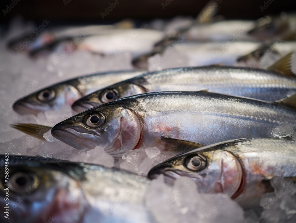 Fresh mackerel neatly laid out on ice in a supermarket, grocery store ...