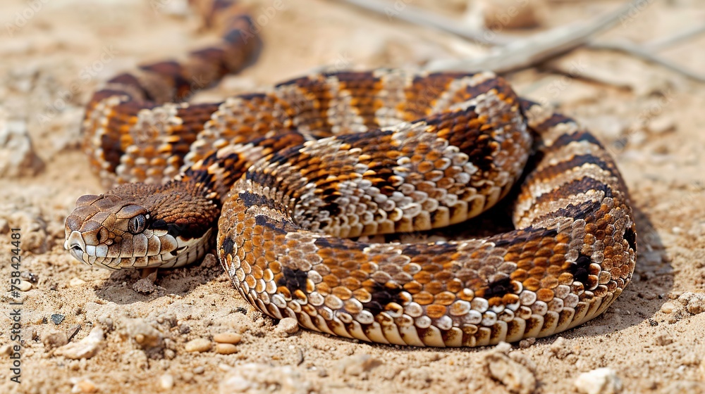 A snake is coiled up on the ground, showing its scaled body and ...