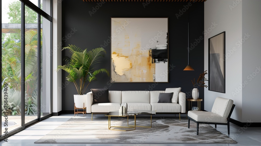 A minimalist black and gold home interior with a watercolor effect ...
