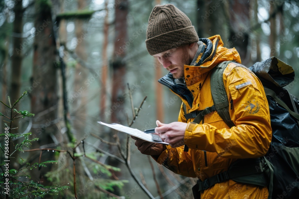 Ecologist on fieldwork. Forester examines trees in their natural ...