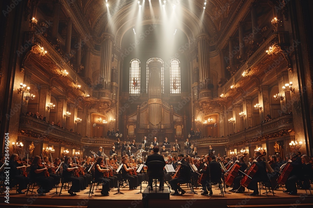 A large symphony orchestra performs in a majestic concert hall, led by ...