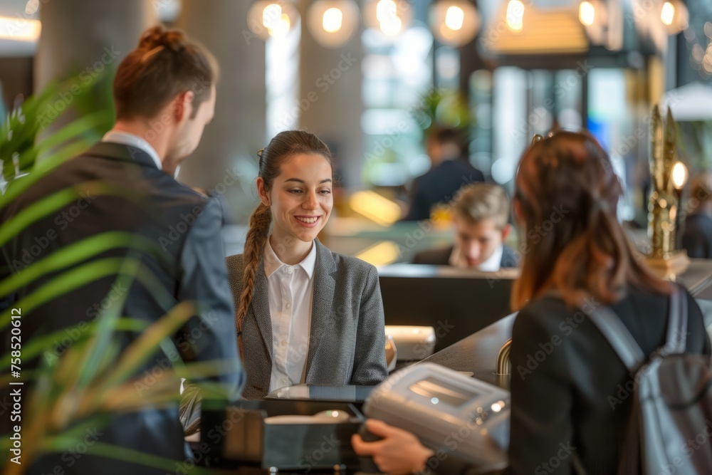 Businesswoman checking in at a hotel reception desk, greeted with a ...