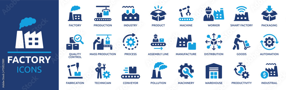 Factory icon set. Containing industry, production, machine, manufacture ...