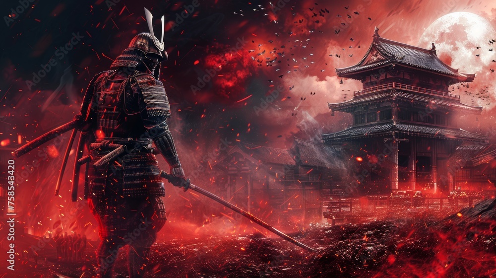 a epic samurai with a weapon sword standing in front of a old japanese ...