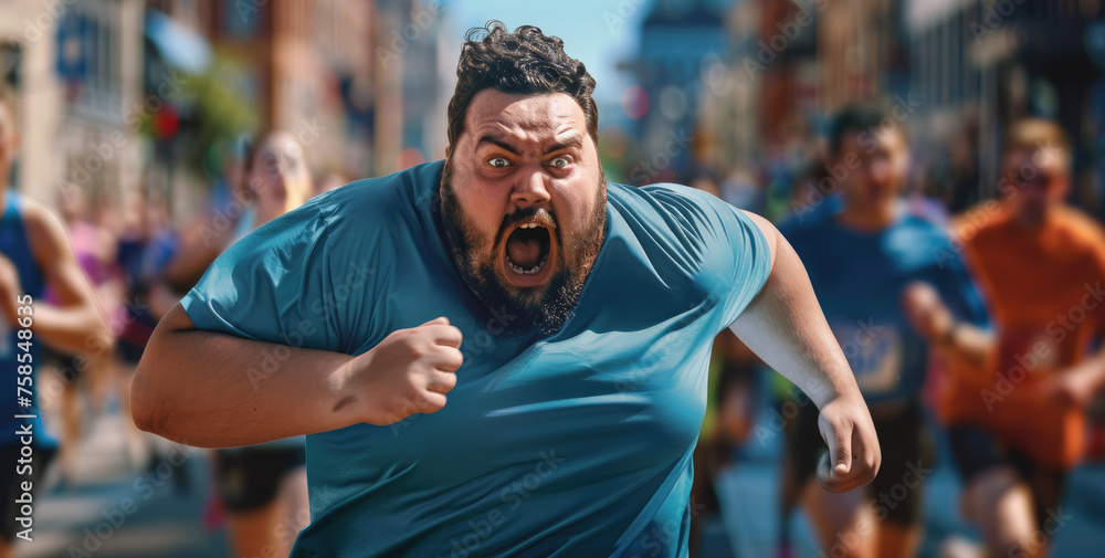 Stock-Foto „Exaggeratedly fat man running in a blue t-shirt, front view ...