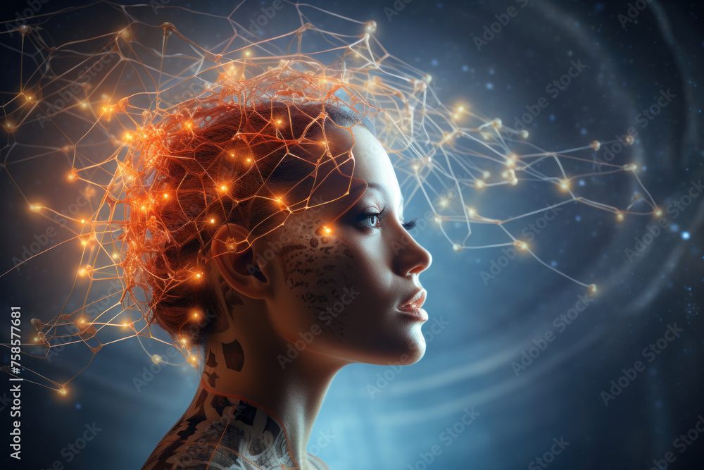 Glowing neural impulses in a girl's brain, the cosmos inside a person ...