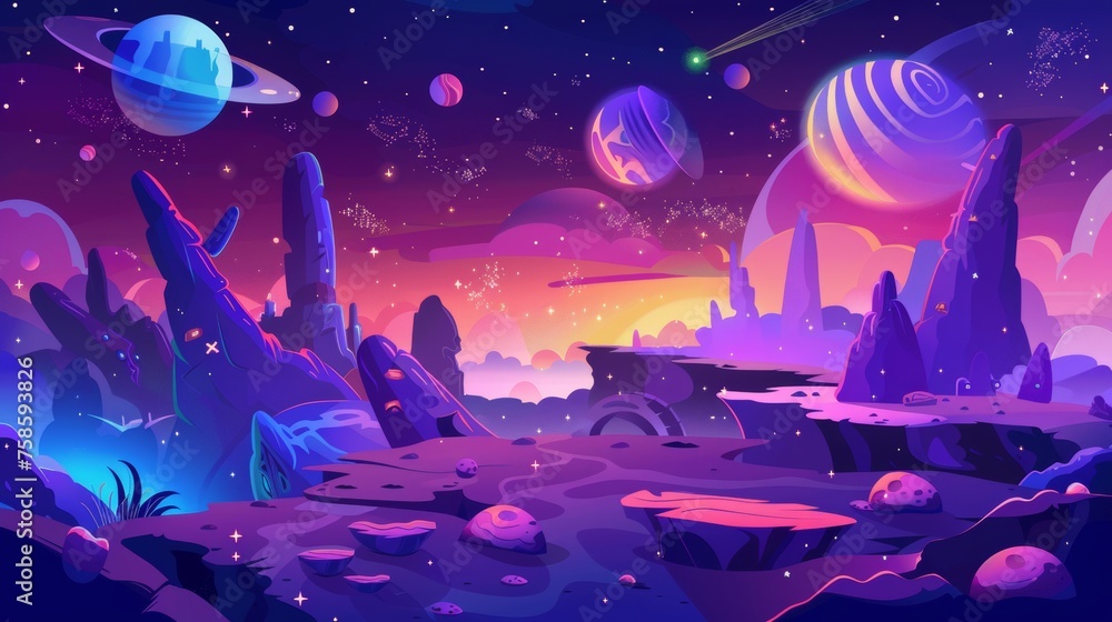 Space game level map with alien planets and spaceship, cartoon 2D gui ...