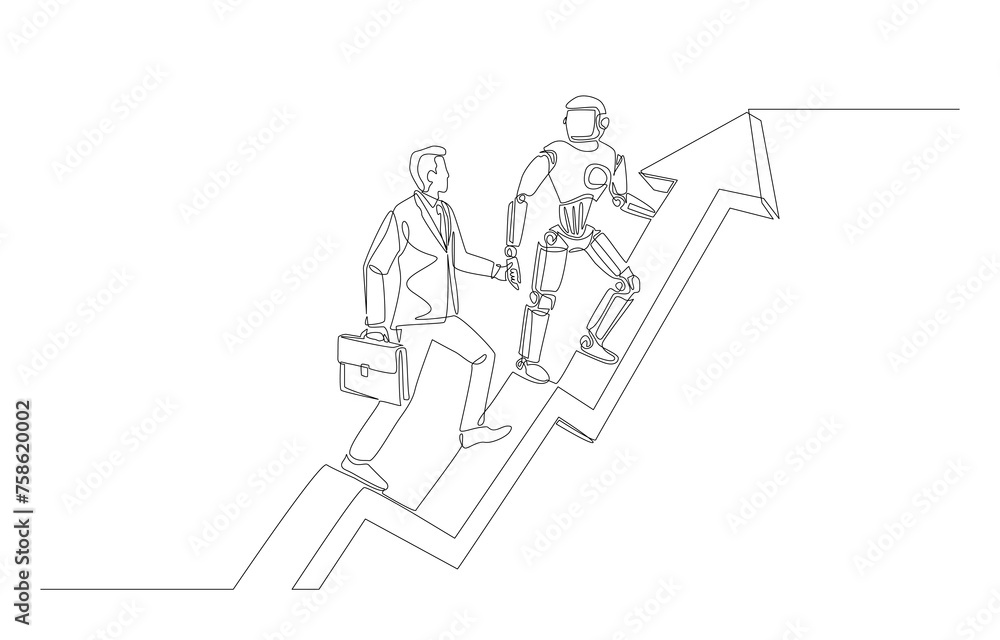 Continuous one line drawing of robot helping businessman to step up ...