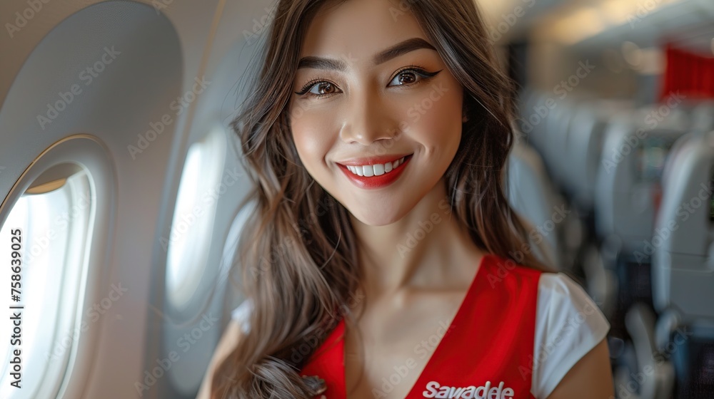 Beautiful stewardess on the plane smiles Picture of an Asian flight ...
