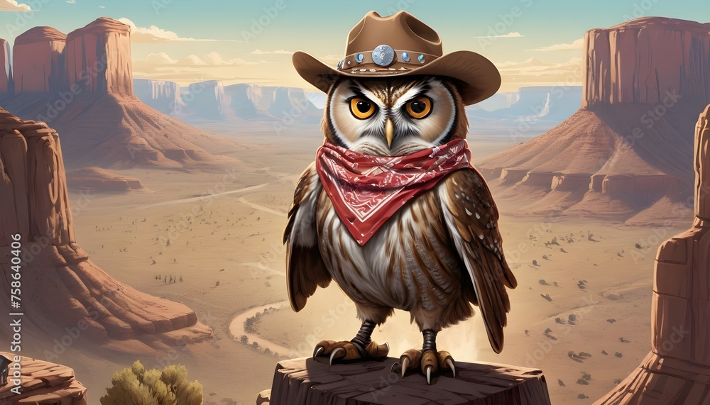 An owl dressed as a cowboy wearing a ten gallon hat bandana and cowboy ...