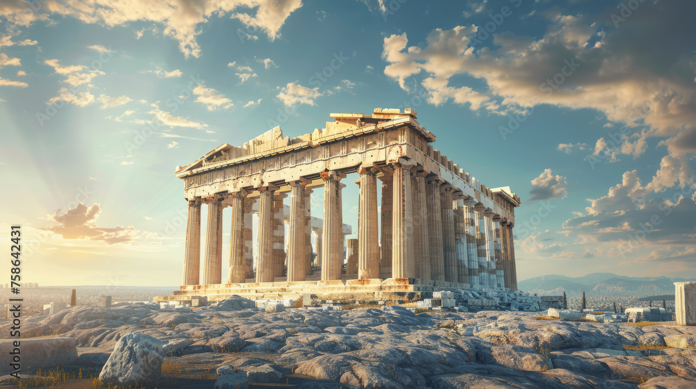 The Parthenon temple stands majestically atop the Acropolis in Athens, Greece, under a dramatic ...