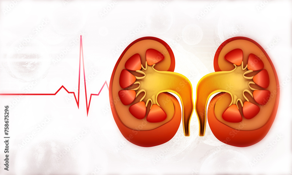 Human kidney cross section anatomy on ecg graph background. 3d ...