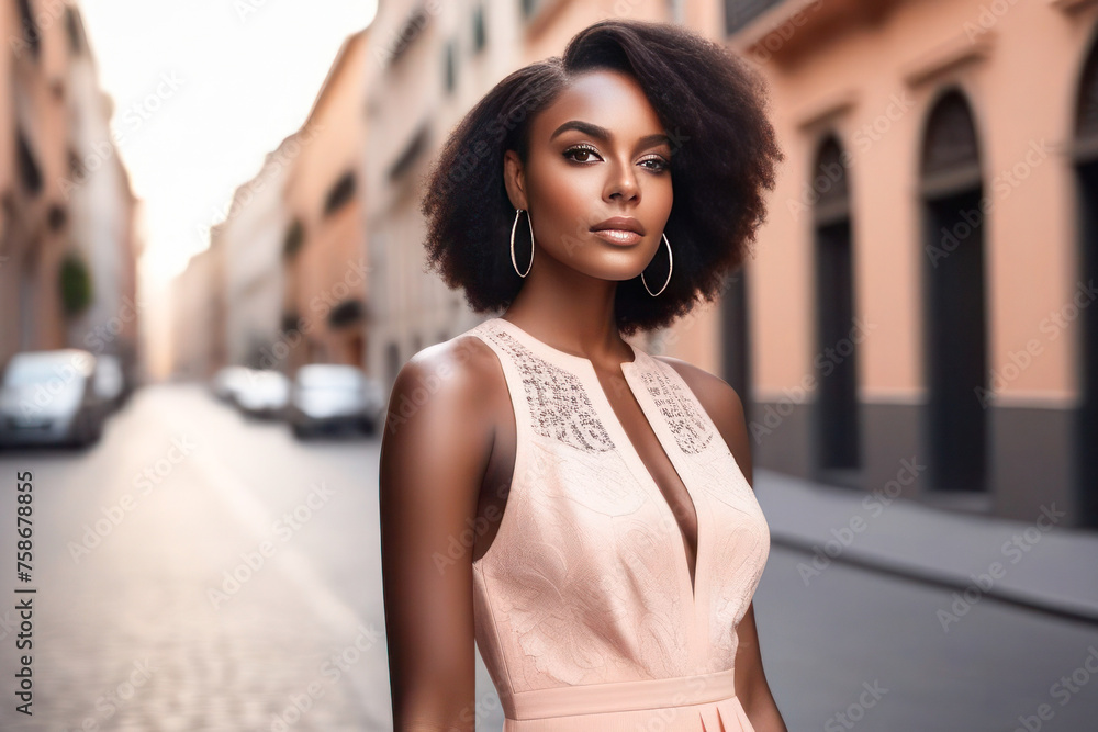 Dark-skinned girl model in the studio against a peach-colored ...