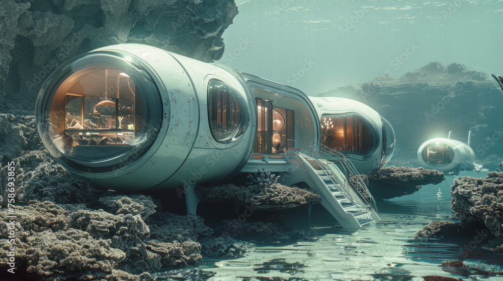 Futuristic underwater habitat with illuminated modular pods connected by corridors on a rocky ...
