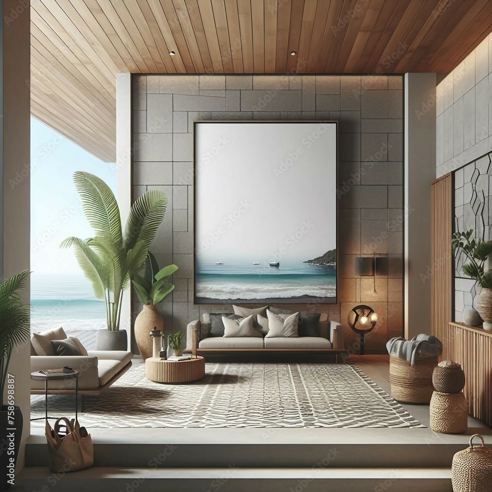 Interior design of modern sitting hall with empty mock up frame, stone ...