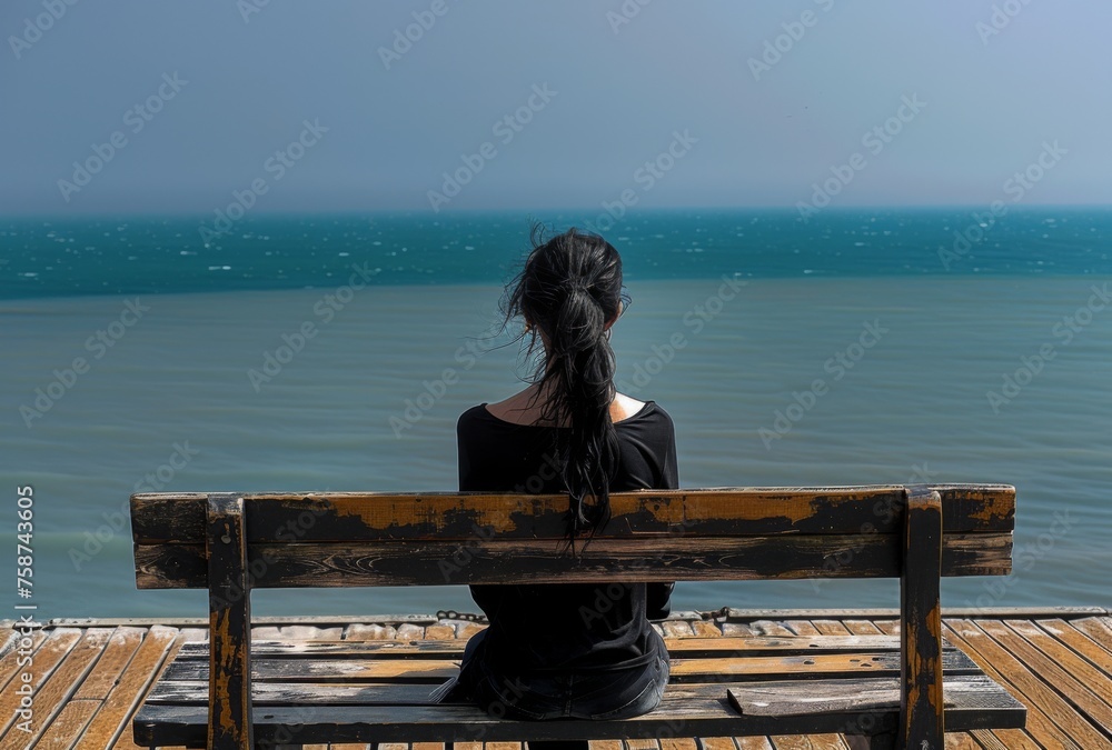 A depressed dishevelled little girl sitting on an empty bench ...