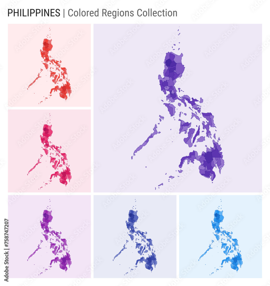 Philippines map collection. Country shape with colored regions. Deep ...