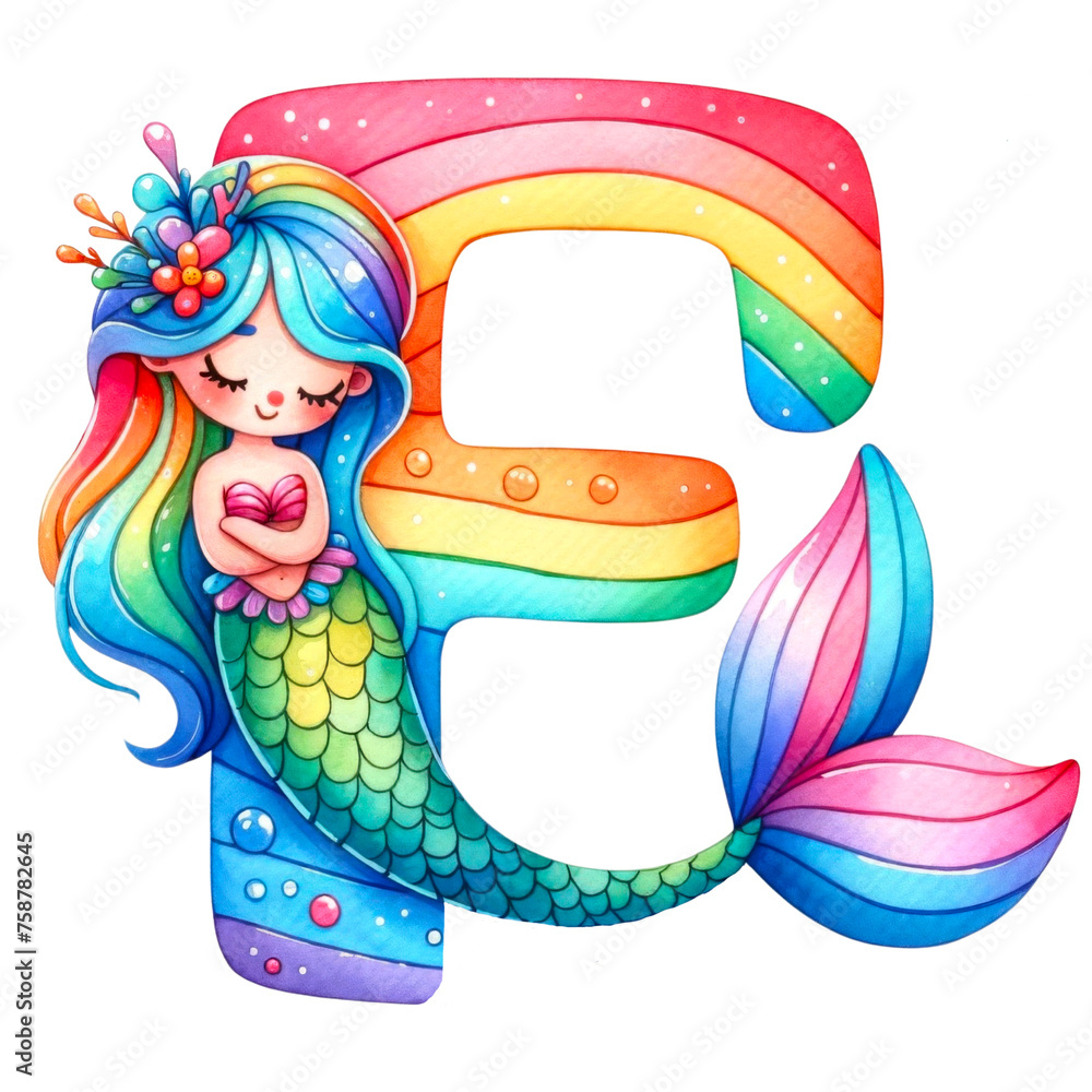 Rainbow Mermaid-Themed Alphabet and Numbers Clipart, A vibrant ...