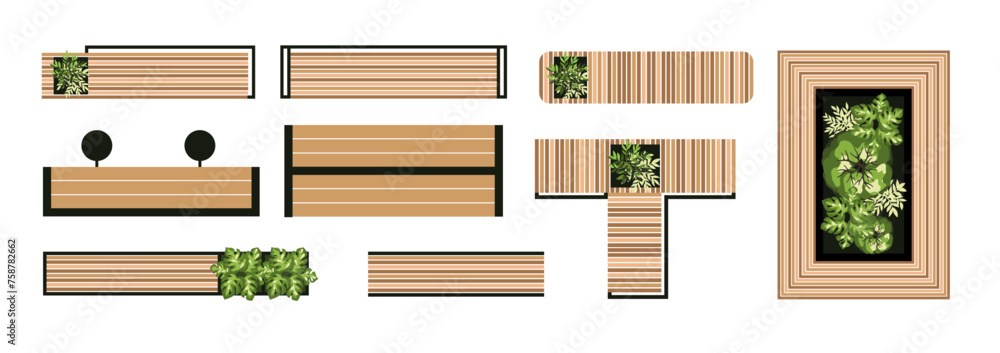 Top view elements for the landscape design plan. Trees and benches for ...