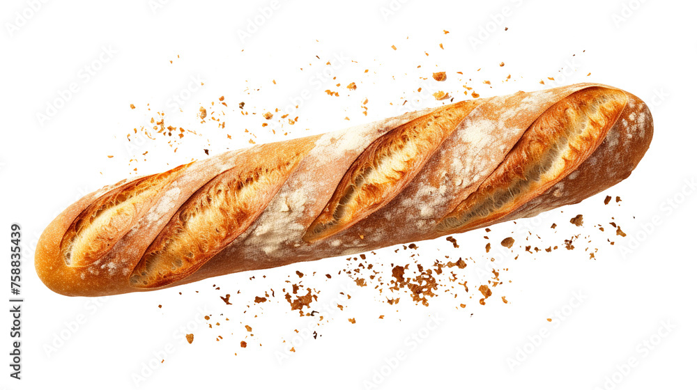 Baguette bread with falling crumbs isolated on transparent background ...