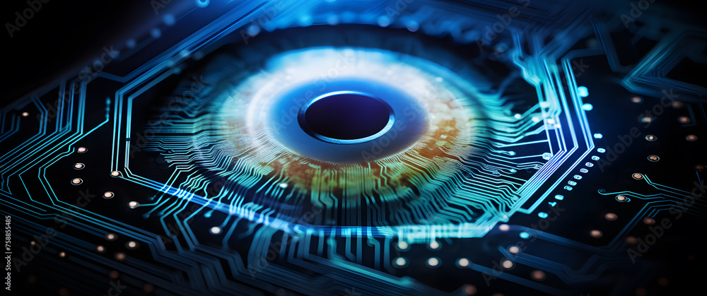 Visualization of Circuit Board CPU form eye pupil Processor Starting Digitalization Process and ...