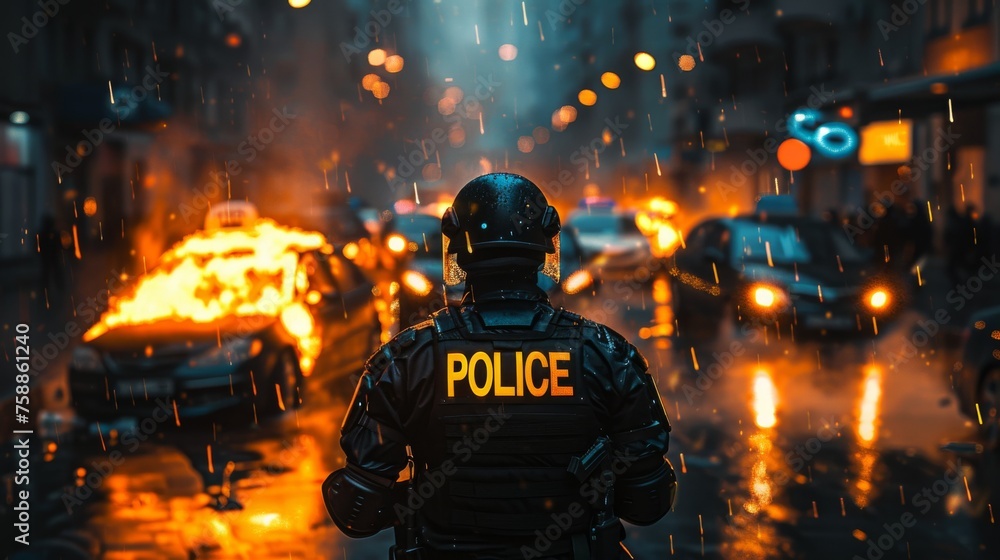 The police confront the crowd involved in the street riot. Angry ...