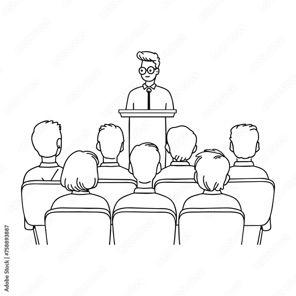 Lector man speech behind podium on conference with audience spectators ...